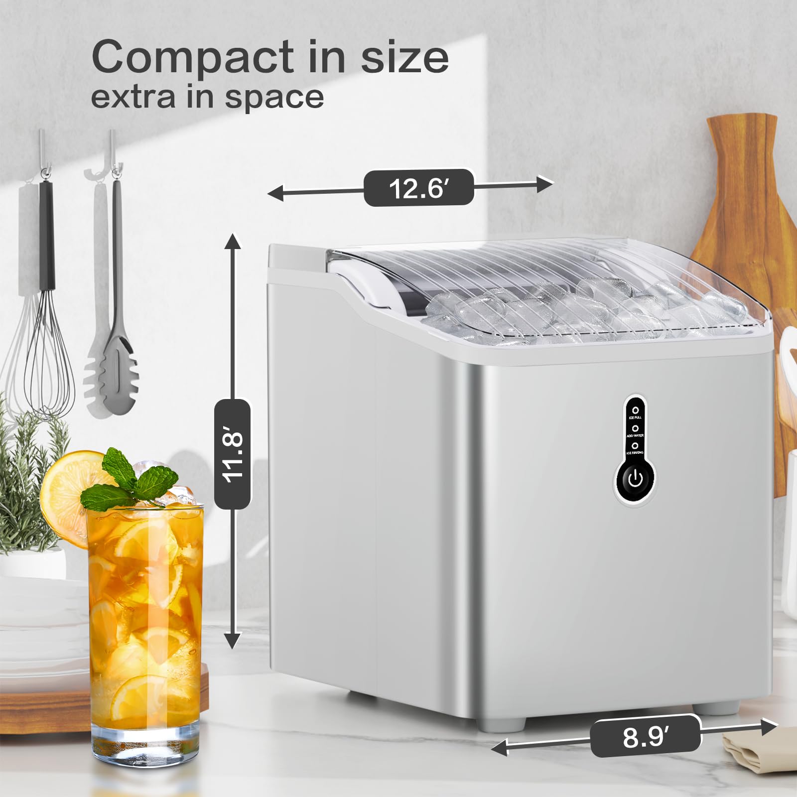 ZAFRO Ice Maker Countertop, Portable Ice Maker with Self-Cleaning, 26Lbs/24Hrs, 9 Cubes Ready in 8 Mins, One-Click Operation, Compact Ice Maker with Ice Scoop/Basket for Home/Kitchen/Office, Silver