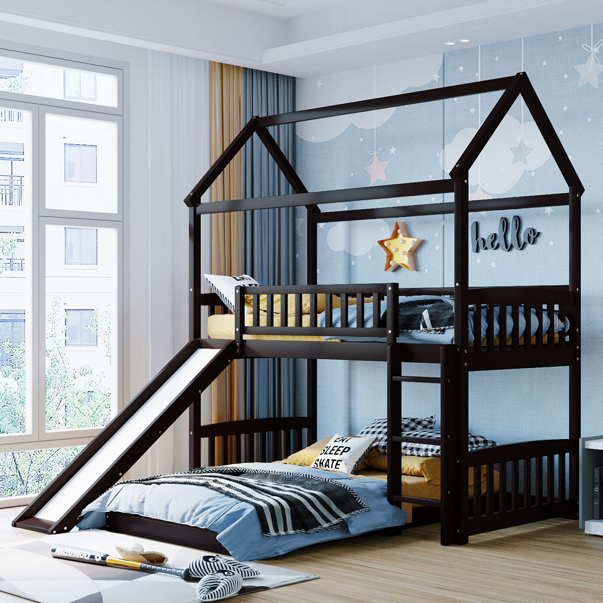 BIADNBZ L-Shaped House Bunk Bed, Twin Over Twin Size Beds with Slide and Roof, Wood Floor Bunkbed Frame, Space-Saving Design, Espresso