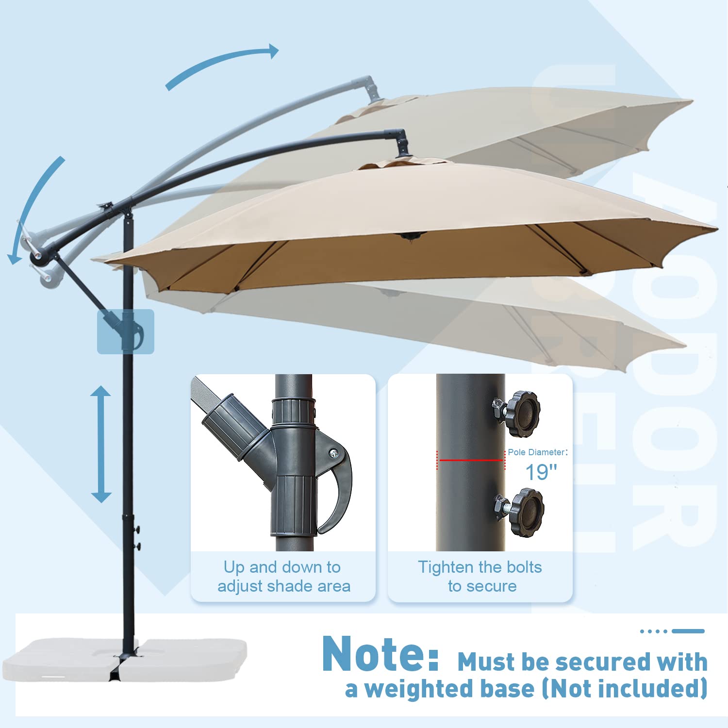Aoodor Offset Square Patio Umbrella 8.7β Cantilever Hanging Market Umbrella Water Resistant UV Protection Brown- Base Not Included