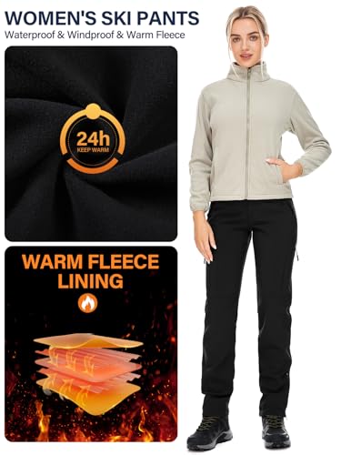 Womens Snow Pants Winter Waterproof Pants Outdoor Soft Shell Fleece Linded Cargo Ski Hiking Pants, Black 16