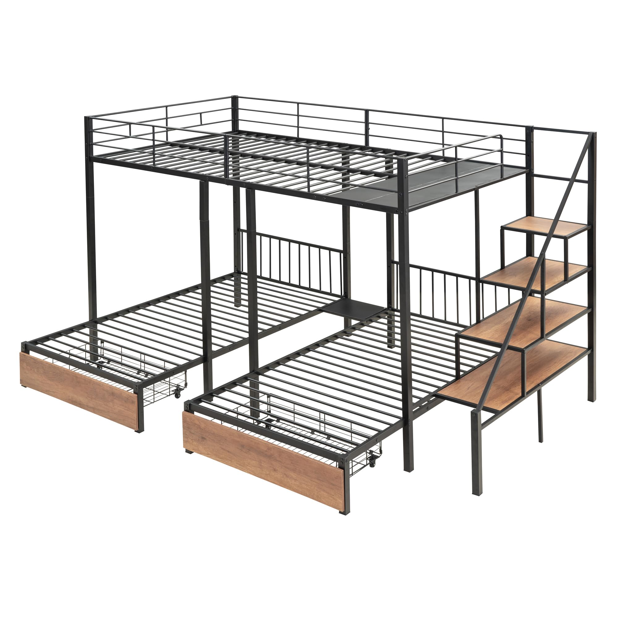 Bellemave Triple Bunk Bed with Storage Stairs, Metal Full Over Twin & Twin Bunk Beds, Detachable Bunk Bed for 3 Kids with Storage Shelf for Three Boys Girls Teens, Black