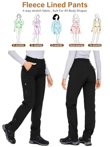 Womens Snow Pants Winter Waterproof Pants Outdoor Soft Shell Fleece Linded Cargo Ski Hiking Pants, Black 16