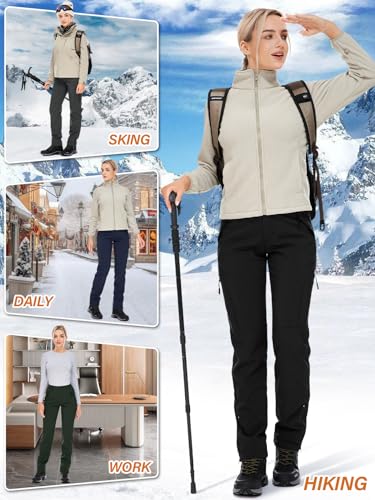 Womens Snow Pants Winter Waterproof Pants Outdoor Soft Shell Fleece Linded Cargo Ski Hiking Pants, Black 16