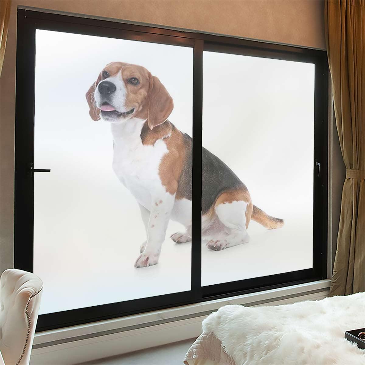 Cinnamon White Window Privacy Film Frosted Glass Window Film Stained Glass Window Film Window Cling Privacy Film UV Blocking Beagle Dog Posing Frosted Glass Film 27.6Wx47.2L-inch x2 Pcs