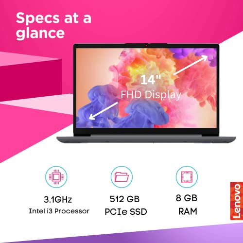 Lenovo IdeaPad 3i Business and Student Essential Laptop,14'' Full HD Display, 8GB RAM, 512GB SSD Storage, Intel 11th Gen i3 Processor (Up to 4.10 GHz), HDMI, Windows 11 in S