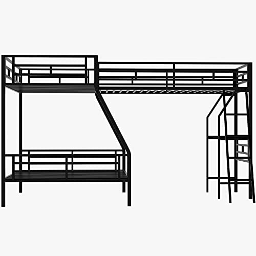 UBGO Bunk Bed Loft Bed 2 in 1, Twin Over Full Bunk Bed with One Twin Loft Bed, Metal Bunk Bed, L Shaped Bunk Bed Loft Bed with Desk, Bedroom/Guest Room Triple Bunk Bed, Black