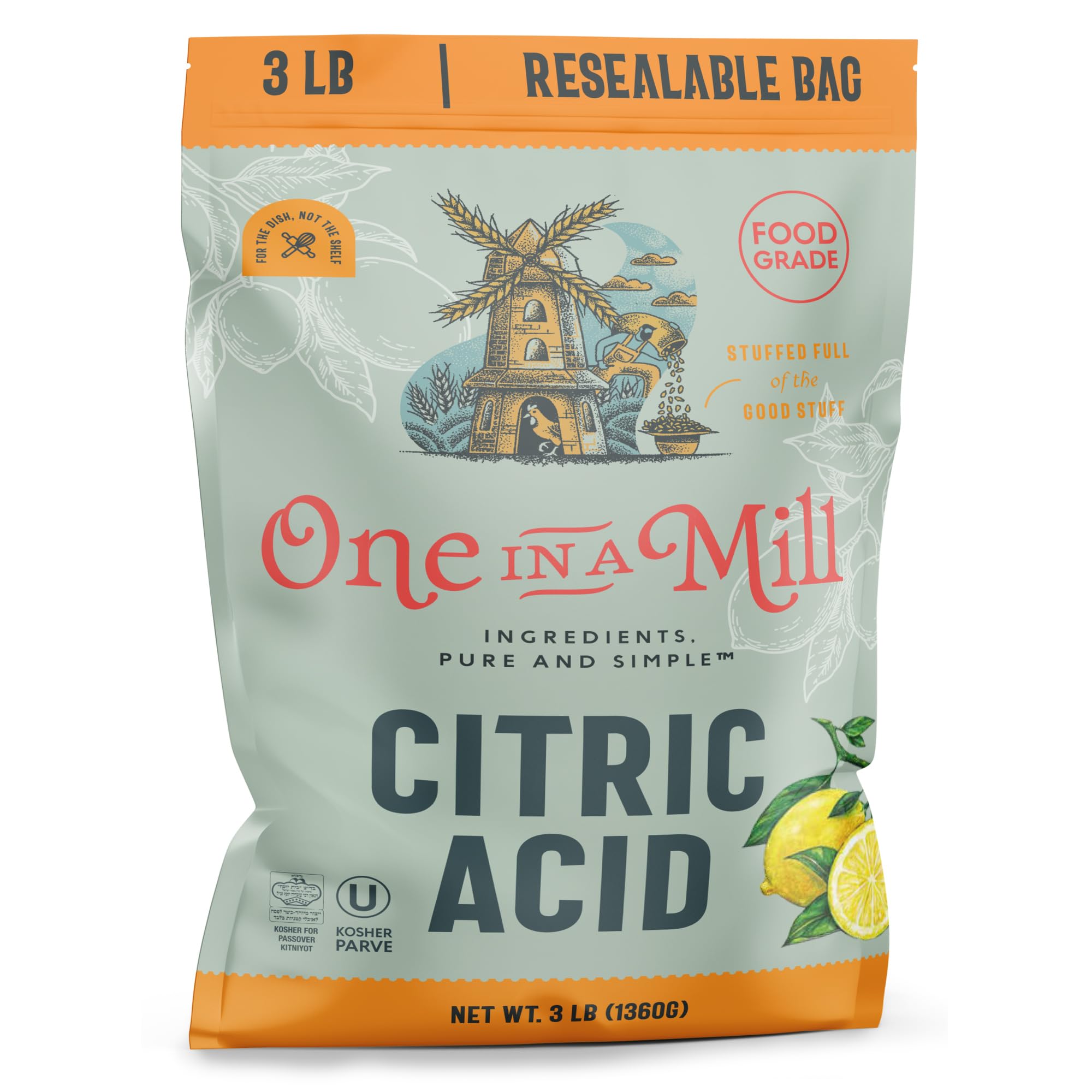 ONE IN A MILL Citric Acid Powder 3LB | Food Grade for Cooking, Baking, Canning, and Cheese Making | All-Natural Preservative & Flavor Enhancer | DIY Skincare, Bath Bombs, Water Softening, and Cleaning