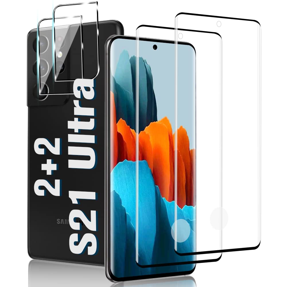 [2+2Pack] Galaxy S21 Ultra Screen Protector + Camera Lens Protector, Full Clarity Coverage,9H Tempered Glass, Ultrasonic Fingerprint Support,Anti Bubble,3D HD Curved for Samsung S21 Ultra 6.8 Inch