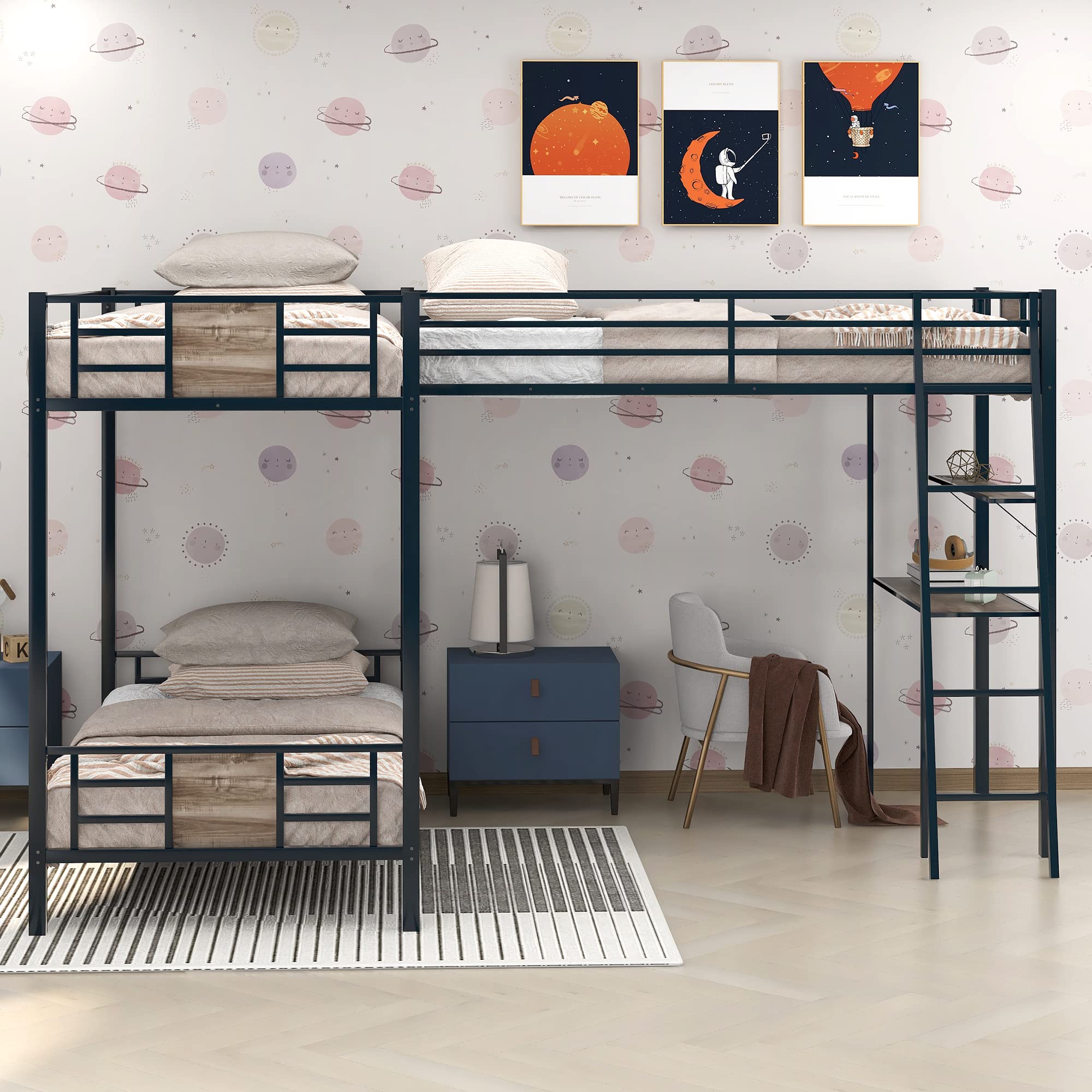 DEYOBED Twin Over Twin Metal L-Shaped Triple Bed Bunk Bed with Twin Size Loft Bed, Desk and Shelf for Kids Teens Adults