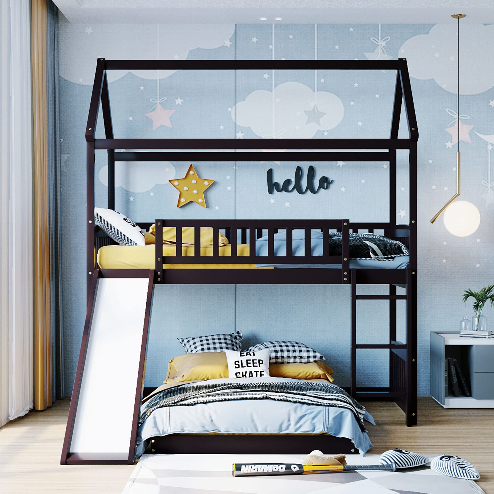 BIADNBZ L-Shaped House Bunk Bed, Twin Over Twin Size Beds with Slide and Roof, Wood Floor Bunkbed Frame, Space-Saving Design, Espresso