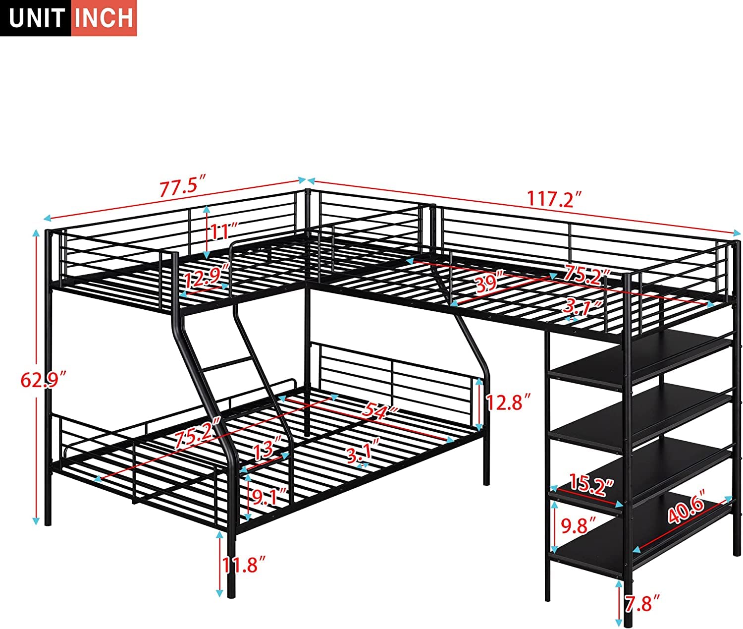 DNYN Twin Over Full Bunk Bed for Kids,L-Shaped Metal Bedframe with Loftbed Style & 4 Built-in Shelves,Perfect for Dorm,Bedroom,Guest Room,No Box Spring Needed,117.2"x77.5"x62.9", Black