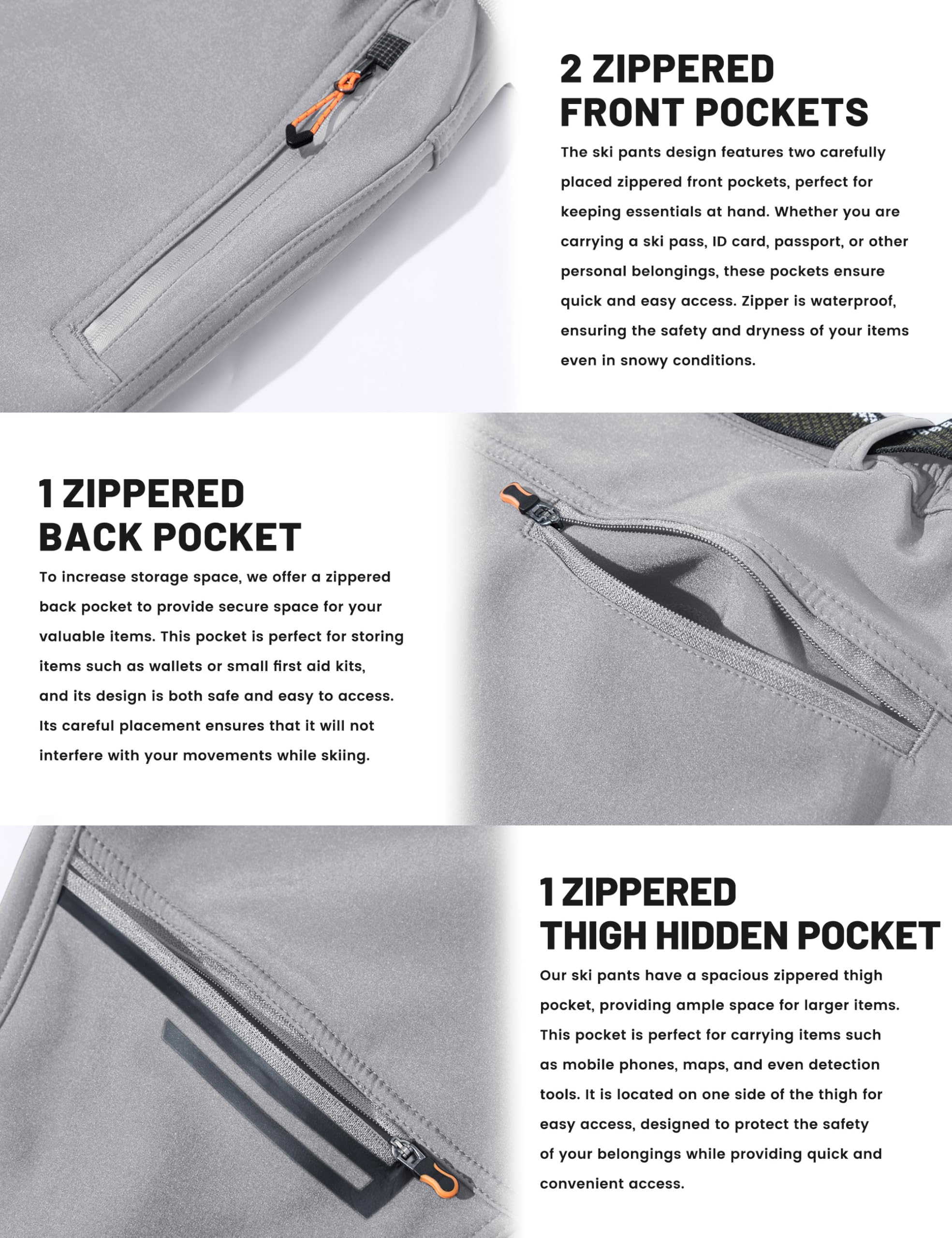 TACVASEN Fleece Lined Pants Men Insulated Ski Pants Water Resistant Snow Windproof Snowboard Trousers Hiking Winter Warm Outdoor Gray 38