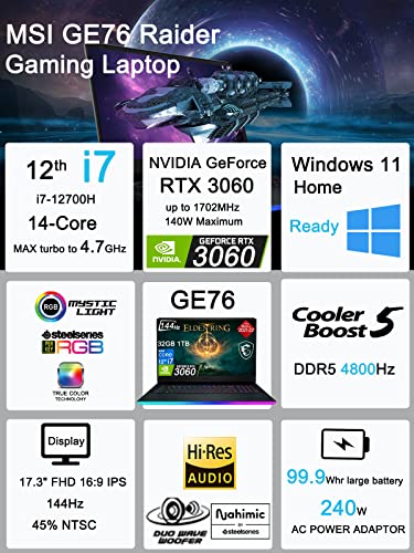 MSI GE76 Raider 17.3" 144Hz (DDR5 32GB RAM, 1TB PCIe SSD, Intel 12th Gen i7-12700H, GeForce RTX 3060 6GB) FHD Thin Bezel Gaming Laptop, Thunderbolt 4, Webcam, RGB Backlit Keyboard, Wifi 6, Win 11 Home