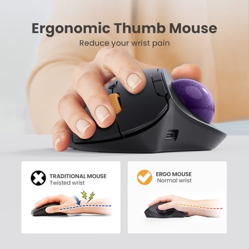 ProtoArc Wireless Trackball Mouse, EM04 Ergonomic Bluetooth Rollerball Mouse Rechargeable Computer Laptop Mouse, 3 Device Connection, Compatible with PC, iPad, Mac, Windows-Purple Ball