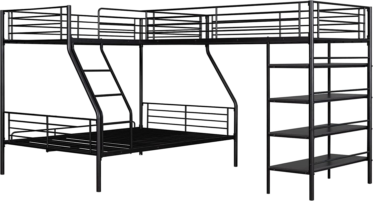 DNYN Twin Over Full Bunk Bed for Kids,L-Shaped Metal Bedframe with Loftbed Style & 4 Built-in Shelves,Perfect for Dorm,Bedroom,Guest Room,No Box Spring Needed,117.2"x77.5"x62.9", Black