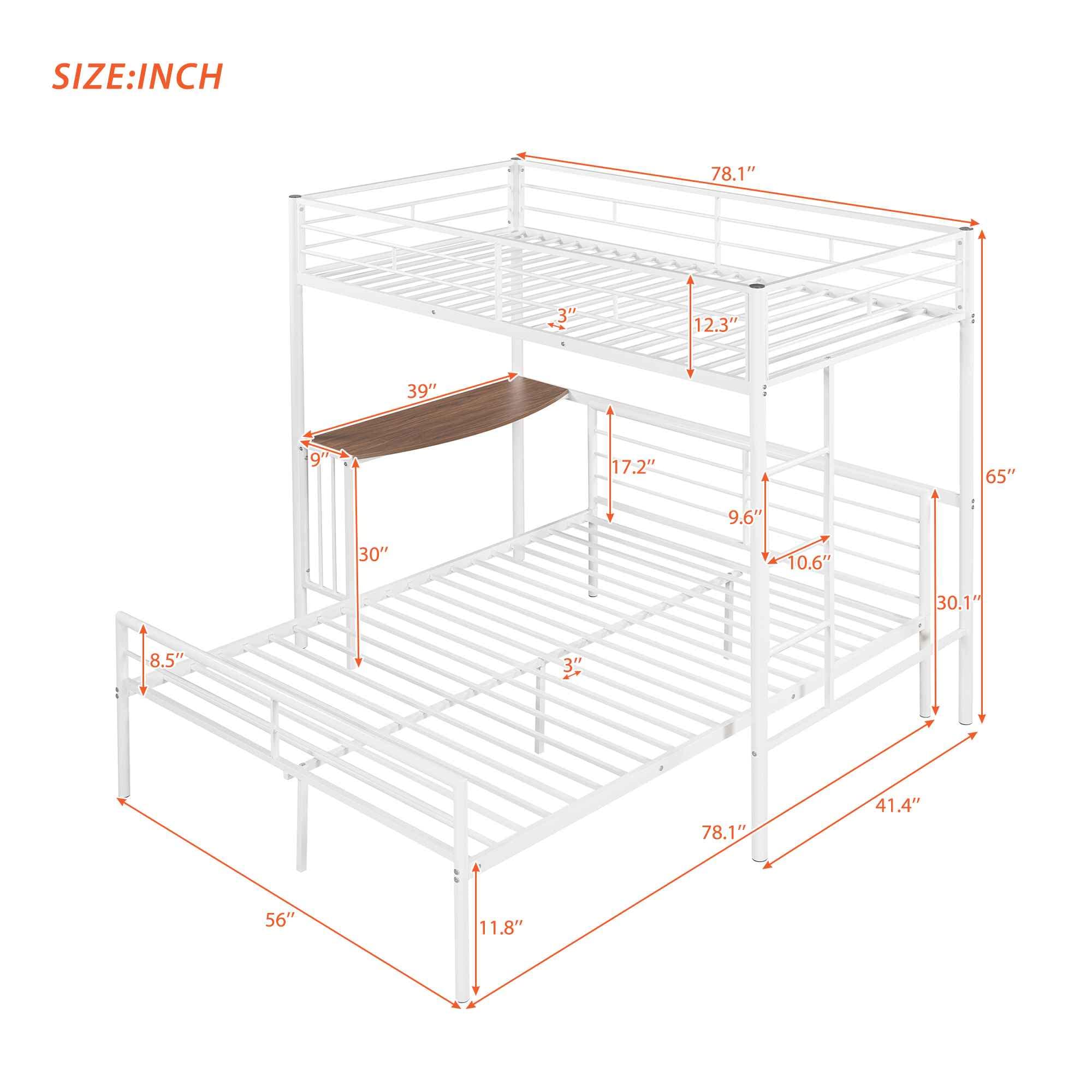 ATY Metal Bunk Beds Twin Over Full Size, L Shaped Steel Bedframe w/Desk & Built-in Ladder and Full-Length Guardrail, No Box Spring Needed, White
