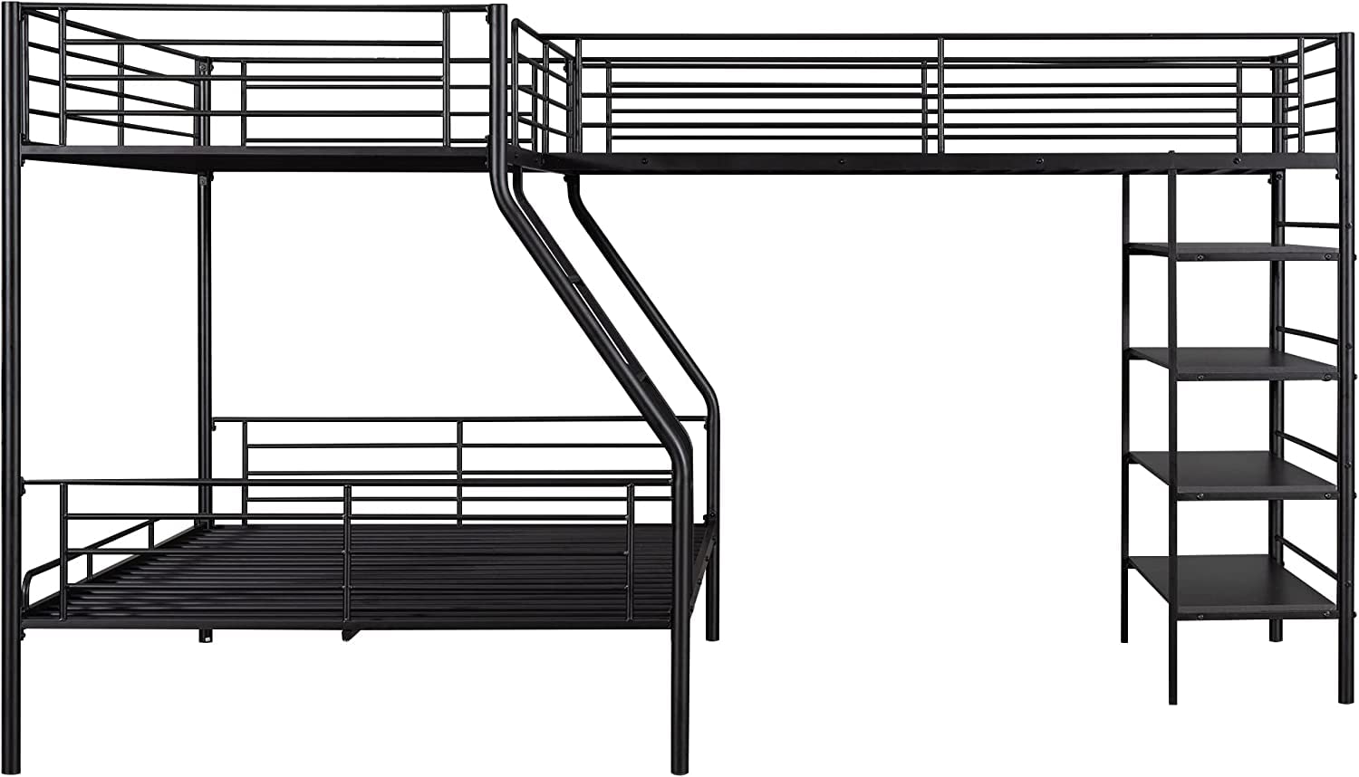 DNYN Twin Over Full Bunk Bed for Kids,L-Shaped Metal Bedframe with Loftbed Style & 4 Built-in Shelves,Perfect for Dorm,Bedroom,Guest Room,No Box Spring Needed,117.2"x77.5"x62.9", Black