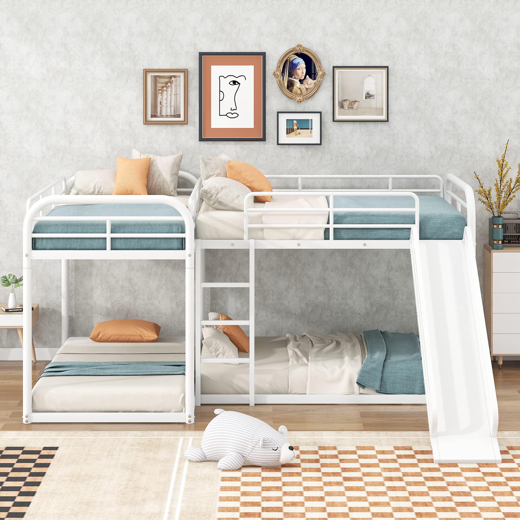 VilroCaz 4 Beds in 1 Design L-Shaped Bunk Bed Full and Twin Size with Slide for Kids Teens, Modern Metal Bunk Bed Frame with Safety Guardrail, Maximizes Space, Easy Assembly (White-M)
