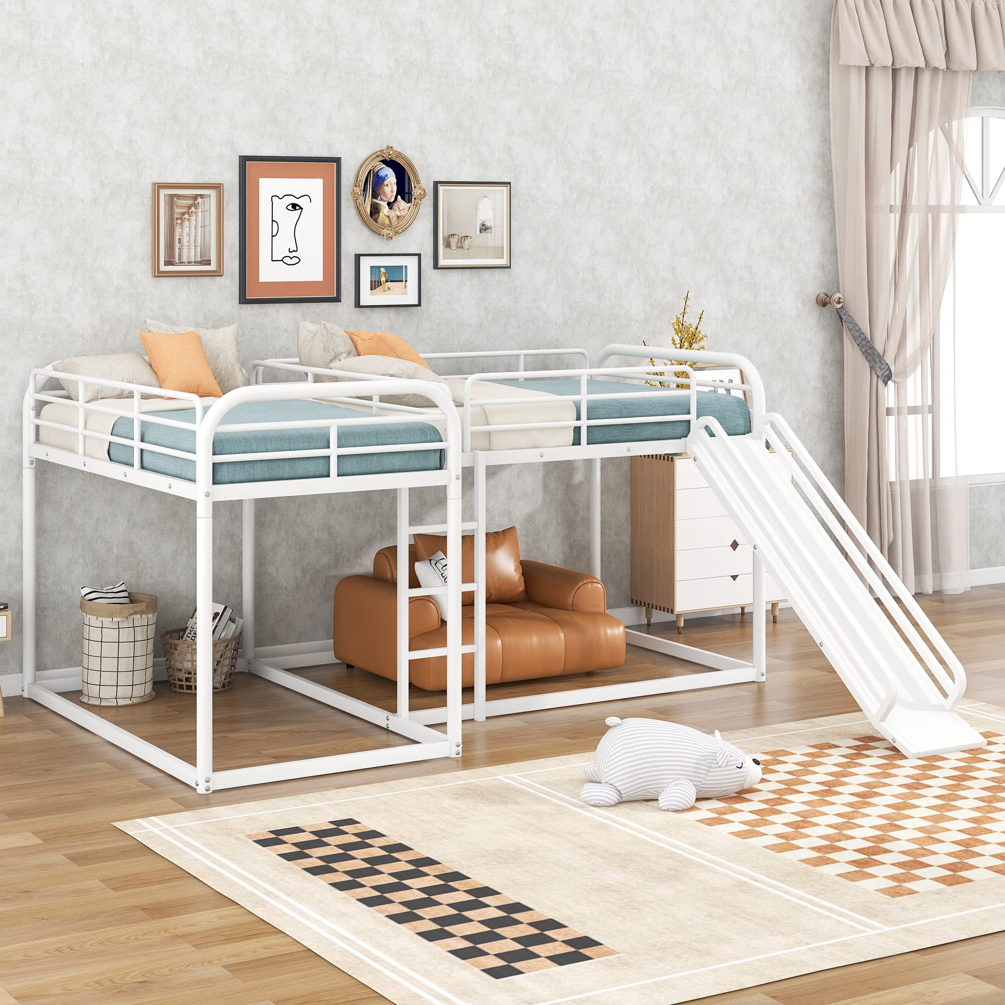 VilroCaz 4 Beds in 1 Design L-Shaped Bunk Bed Full and Twin Size with Slide for Kids Teens, Modern Metal Bunk Bed Frame with Safety Guardrail, Maximizes Space, Easy Assembly (White-M)