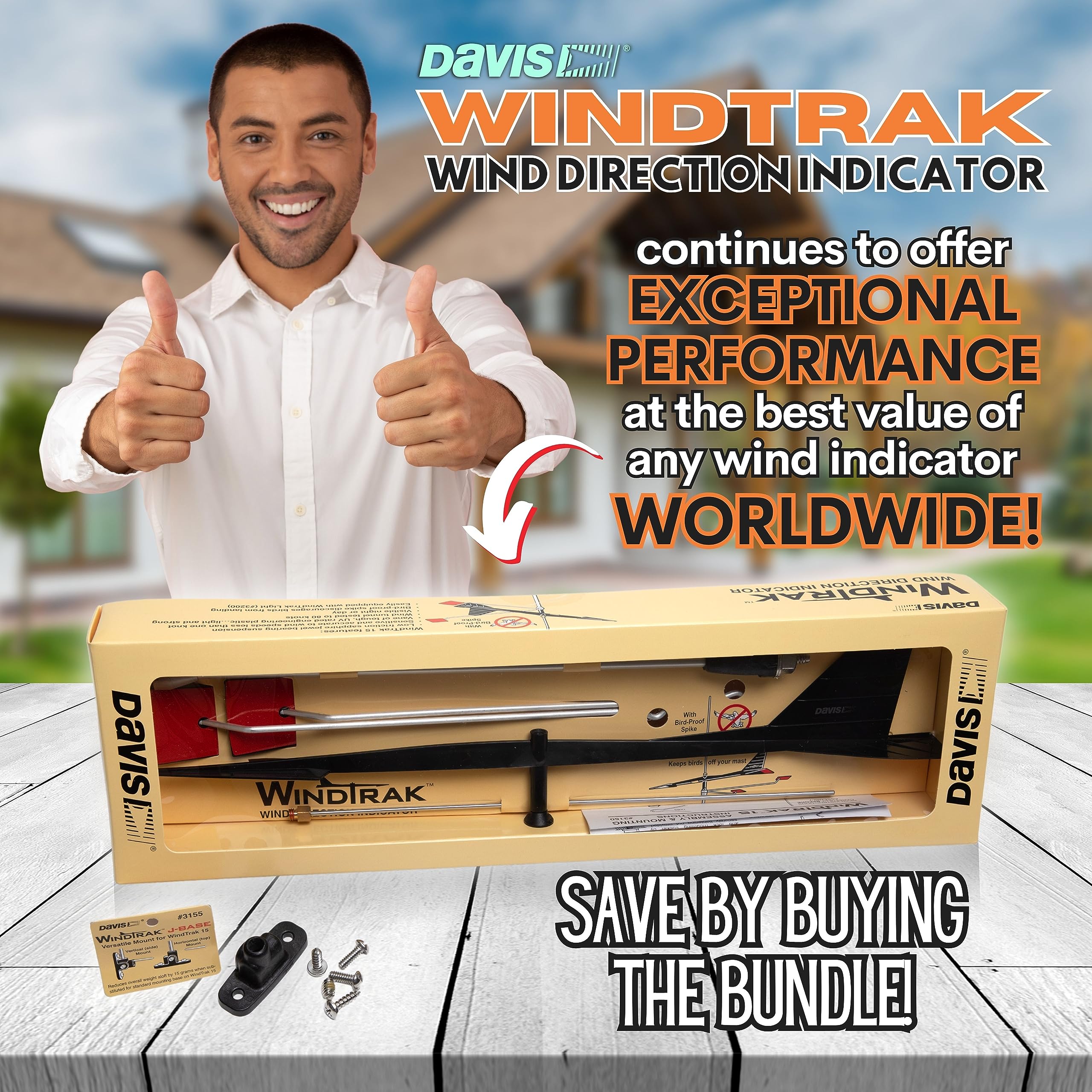 Davis WindTrak 15 Wind Vane Bundle for Sailing with J-Base Mount for Side, Top or Side Mounting (2 Items) - Wind Vane with Sapphire Jewel Suspension - Ideal Sailing Wind Indicator and Mount