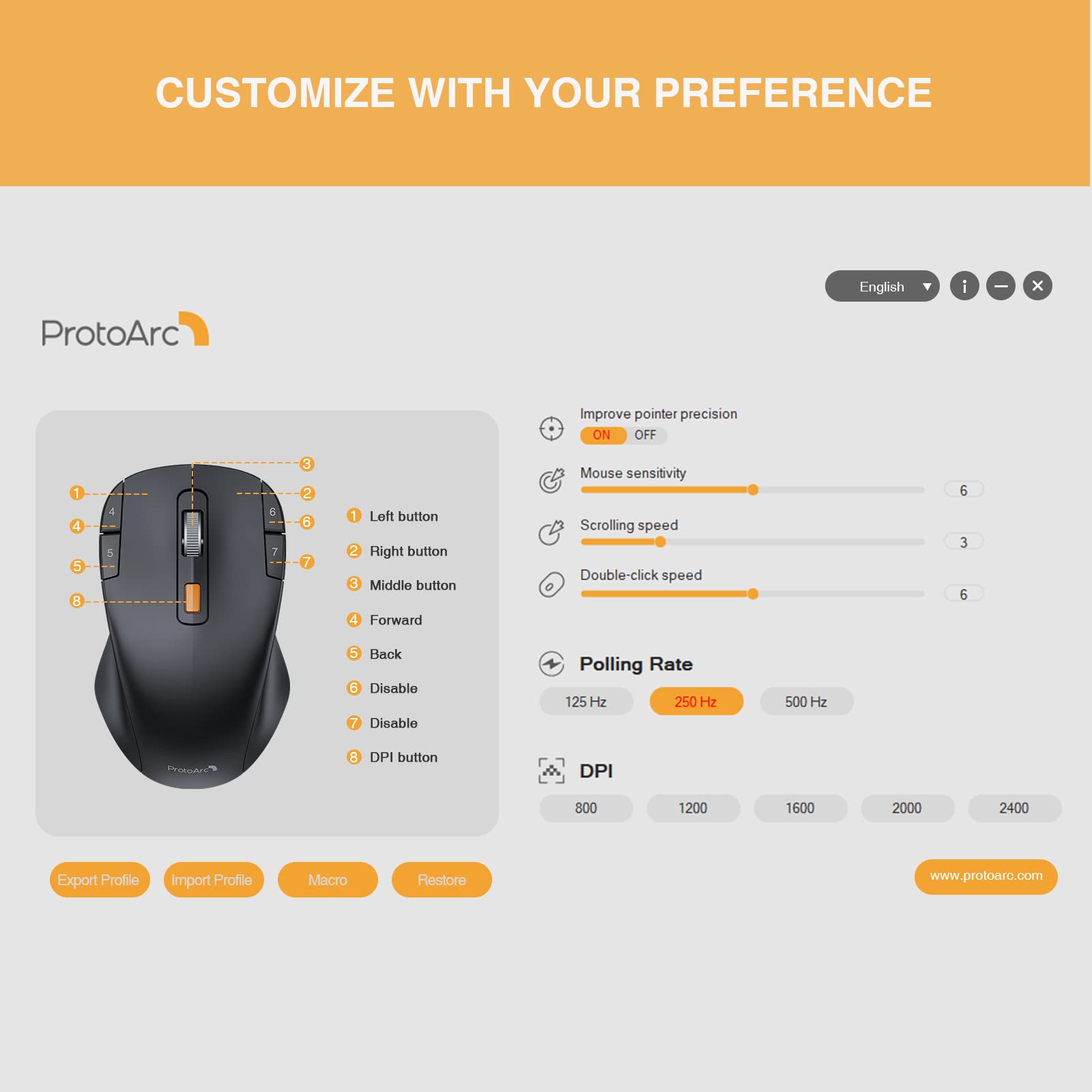 Wireless Macro Mouse, ProtoArc EM12 2.4G Ergonomic Mouse with 8 Programmable Buttons, Type-C Rechargeable Mouse, 2400 DPI, Symmetrical Computer Mouse for Laptop PC Mac, for Right & Left Hand Black