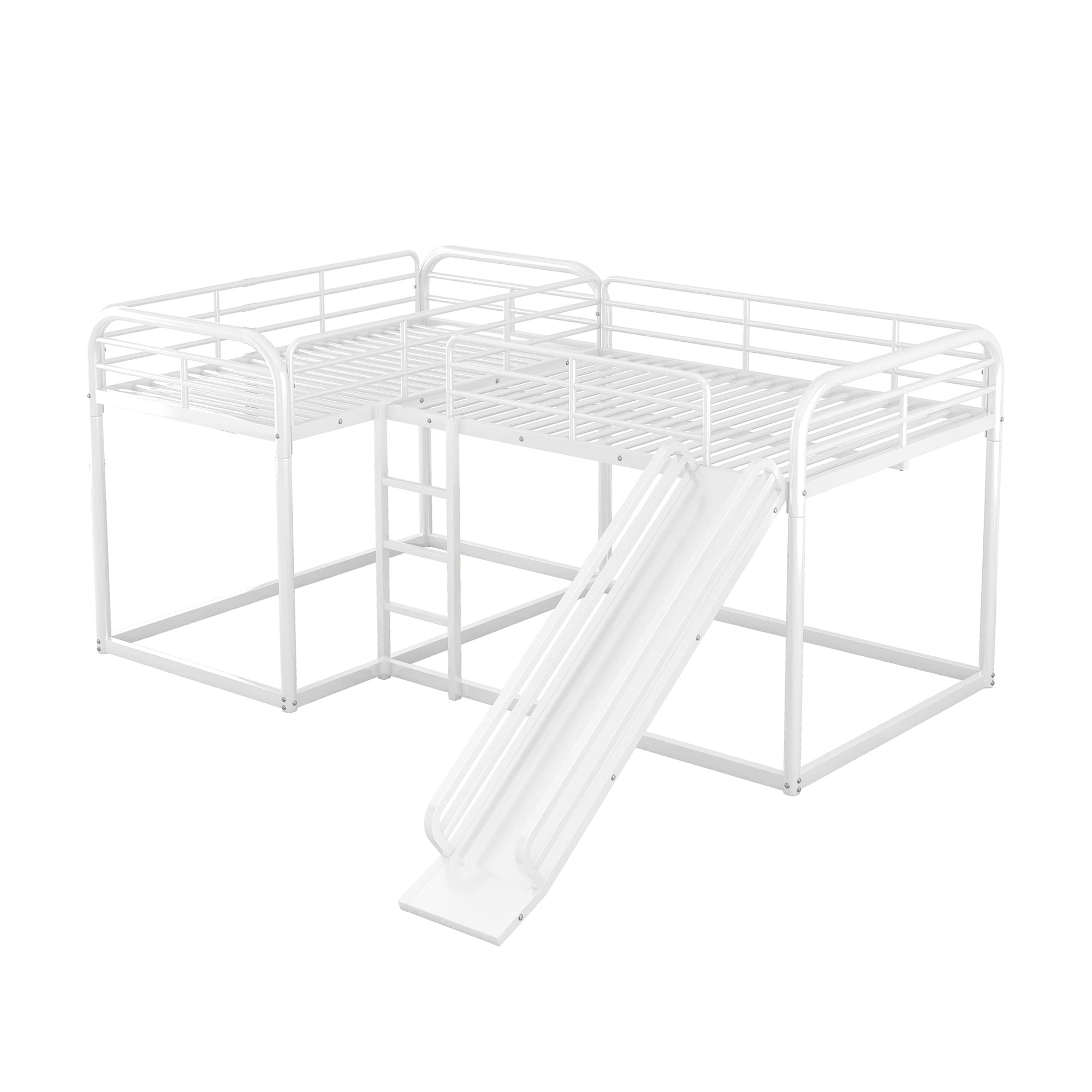 VilroCaz 4 Beds in 1 Design L-Shaped Bunk Bed Full and Twin Size with Slide for Kids Teens, Modern Metal Bunk Bed Frame with Safety Guardrail, Maximizes Space, Easy Assembly (White-M)