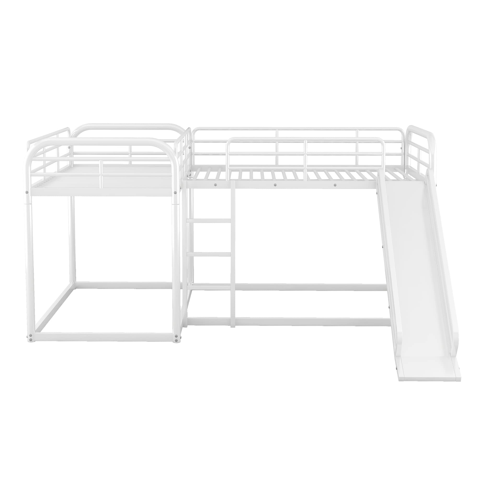 VilroCaz 4 Beds in 1 Design L-Shaped Bunk Bed Full and Twin Size with Slide for Kids Teens, Modern Metal Bunk Bed Frame with Safety Guardrail, Maximizes Space, Easy Assembly (White-M)