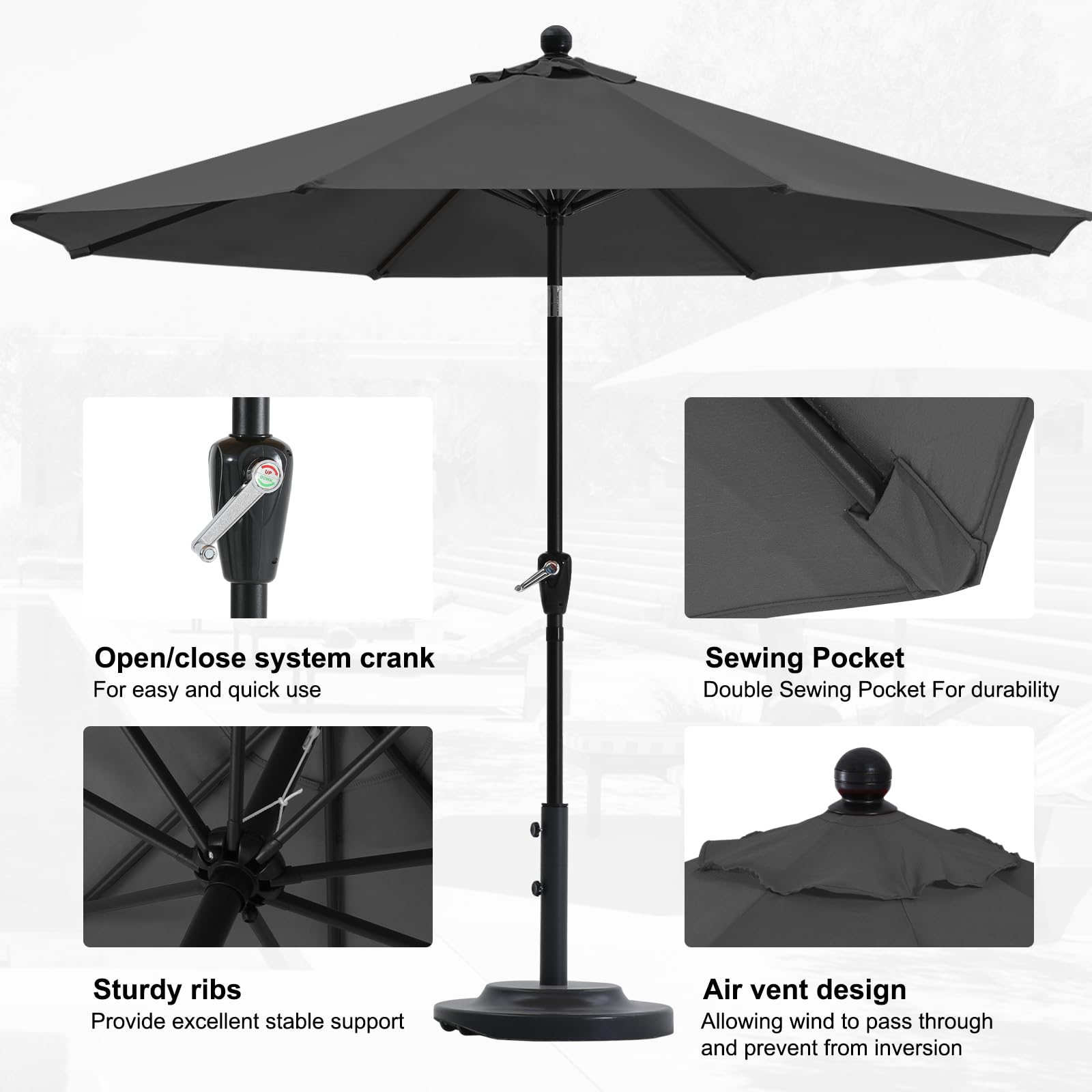 ABCCANOPY 10FT Patio Umbrella - Outdoor Waterproof Table Umbrella with Push Button Tilt and Crank, 8 Ribs UV Protection Pool Umbrella for Garden, Lawn, Deck & Backyard (Dark Gray)