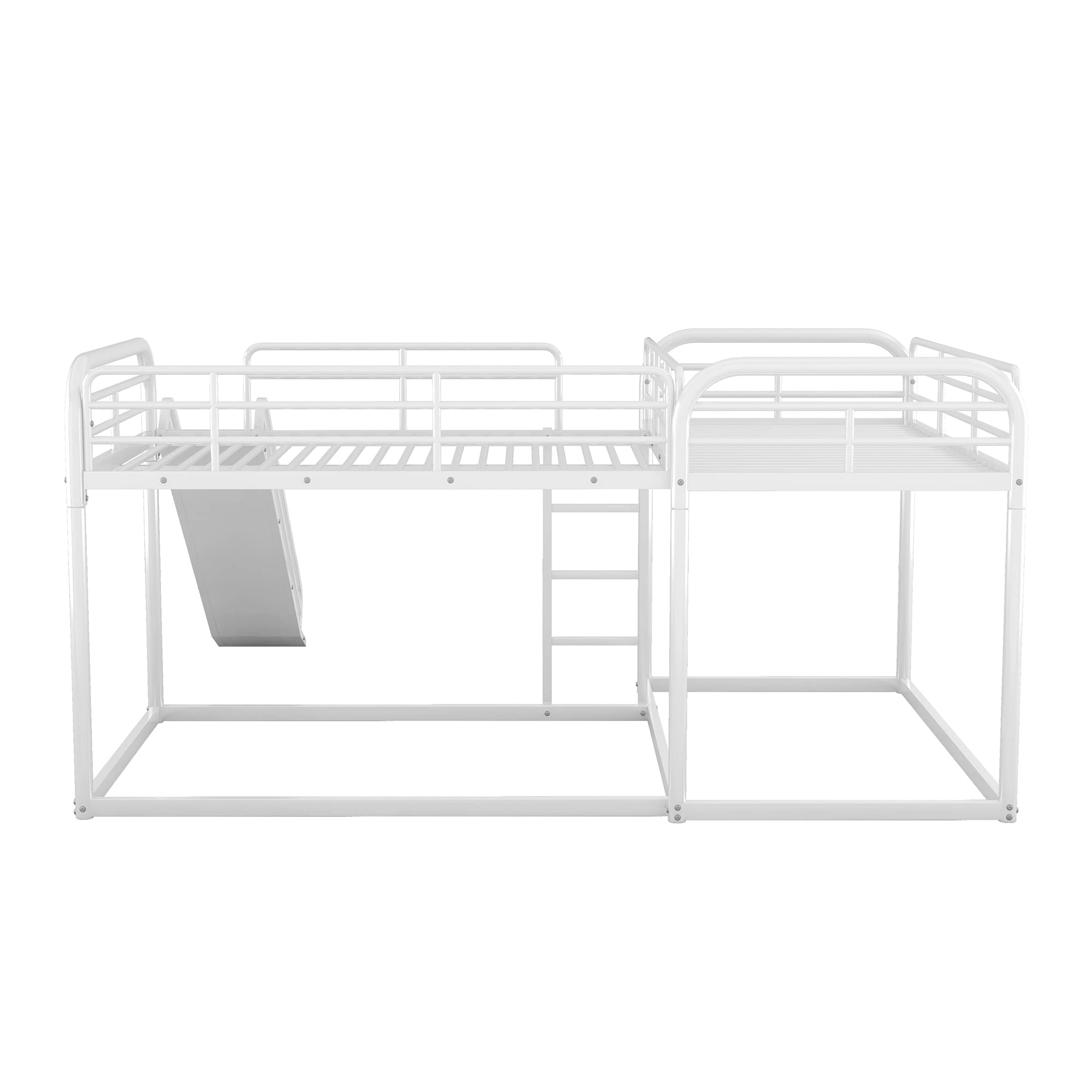 VilroCaz 4 Beds in 1 Design L-Shaped Bunk Bed Full and Twin Size with Slide for Kids Teens, Modern Metal Bunk Bed Frame with Safety Guardrail, Maximizes Space, Easy Assembly (White-M)