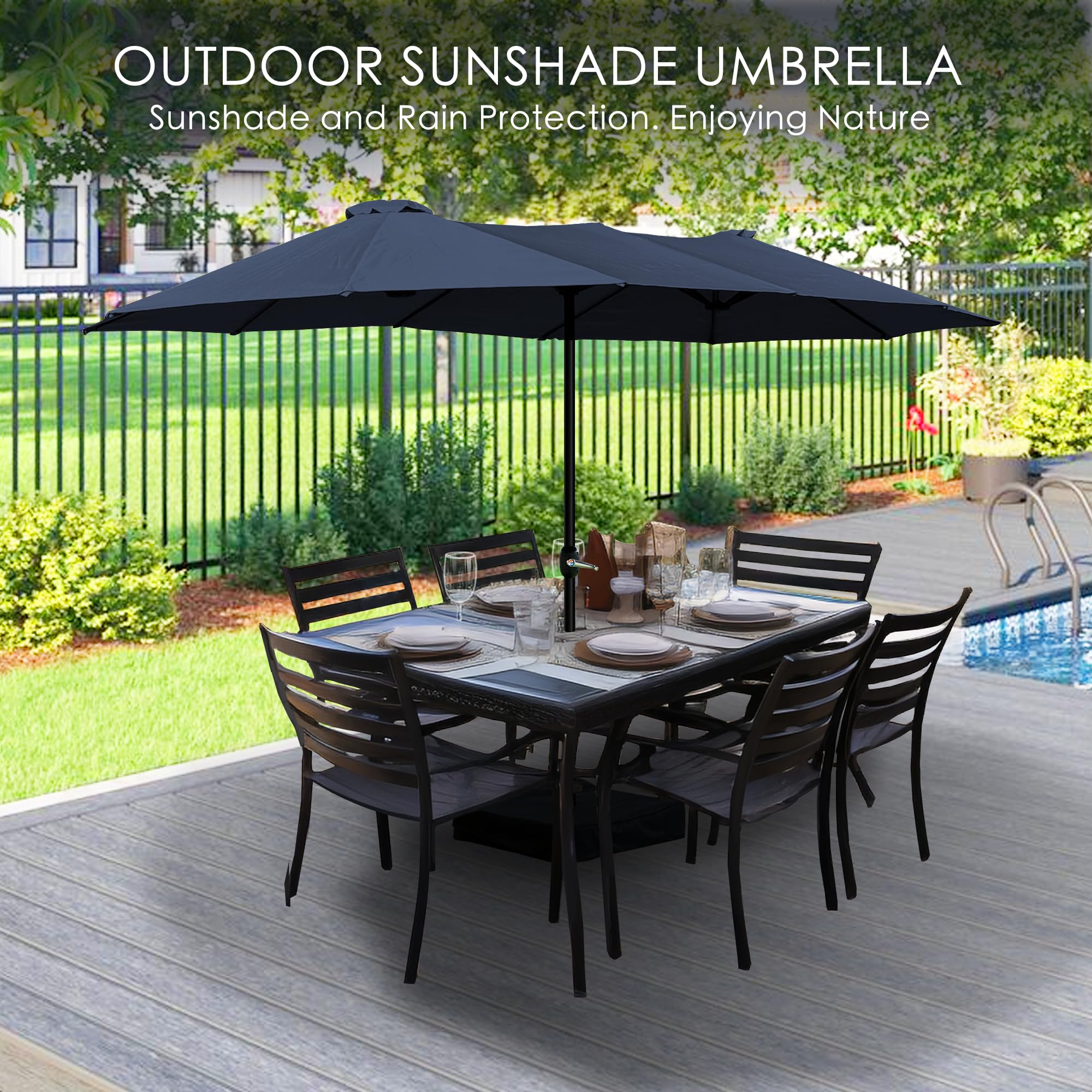 15ft Rectangle Patio Umbrella, Double-Sided Outdoor Market Umbrella with Crank Handle and Base for Pool, Garden, Backyard, Lawn (NevyBlue W/O SolarLights)