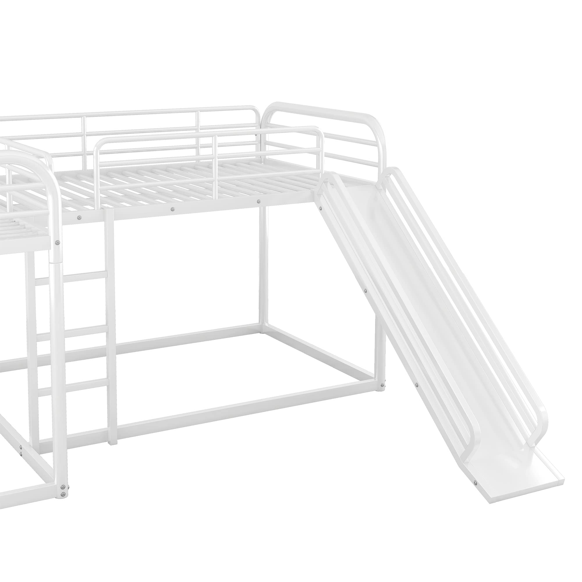 VilroCaz 4 Beds in 1 Design L-Shaped Bunk Bed Full and Twin Size with Slide for Kids Teens, Modern Metal Bunk Bed Frame with Safety Guardrail, Maximizes Space, Easy Assembly (White-M)