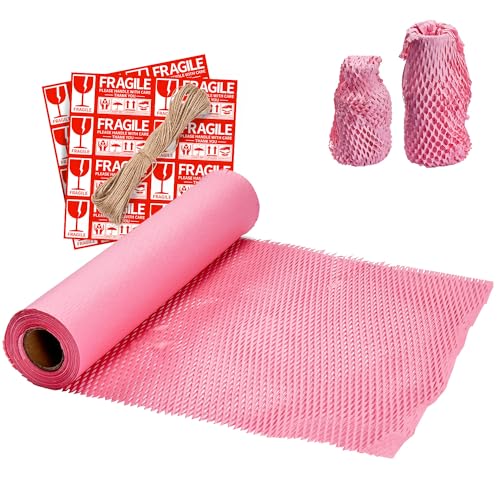 MUNBYN Pink Honeycomb Packing Paper, 15 Inches x 120 Feet Packing Glass Paper, Bubble Wrap for Dishes and Plates, Packing, Moving, with 16 Fragile Stickers and 100ft Twine