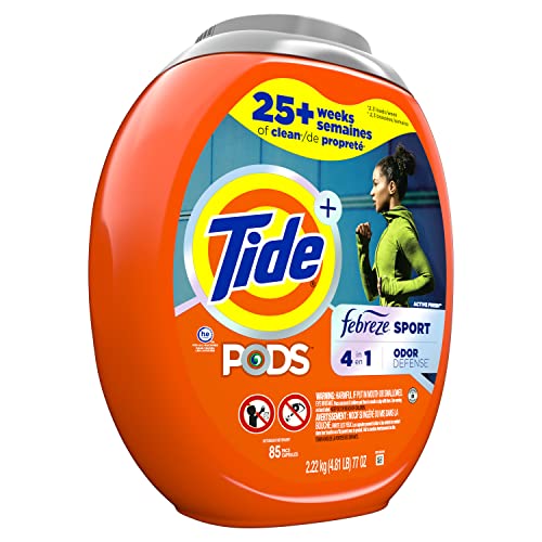 Tide PODS Liquid Laundry Detergent Soap Pacs, 4-n-1 with Febreze, HE Compatible, 85 Count, Fights even week old Odors, Sport Odor Defense