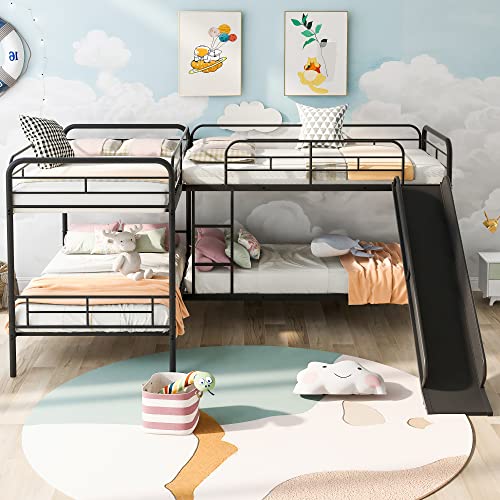 LCH L-Shaped Bunk Beds with Slide and Ladder, Metal Quad Bunk Beds, 4 in 1 Twin Size Bunk Bed for Kids, Teens, Adults, Black