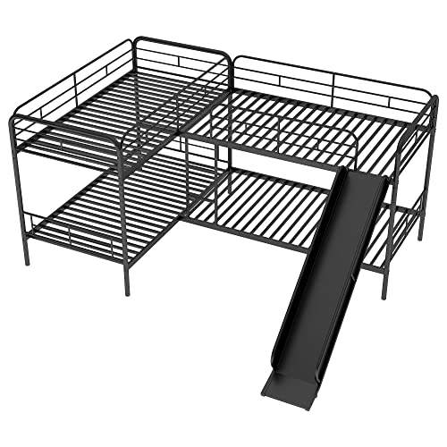 LCH L-Shaped Bunk Beds with Slide and Ladder, Metal Quad Bunk Beds, 4 in 1 Twin Size Bunk Bed for Kids, Teens, Adults, Black