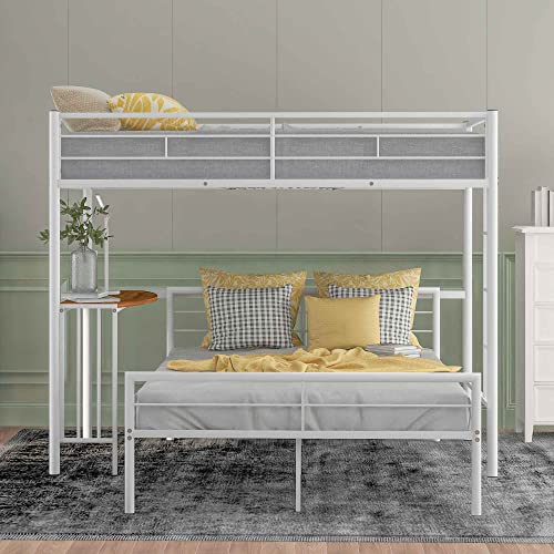 ATY Metal Bunk Beds Twin Over Full Size, L Shaped Steel Bedframe w/Desk & Built-in Ladder and Full-Length Guardrail, No Box Spring Needed, White