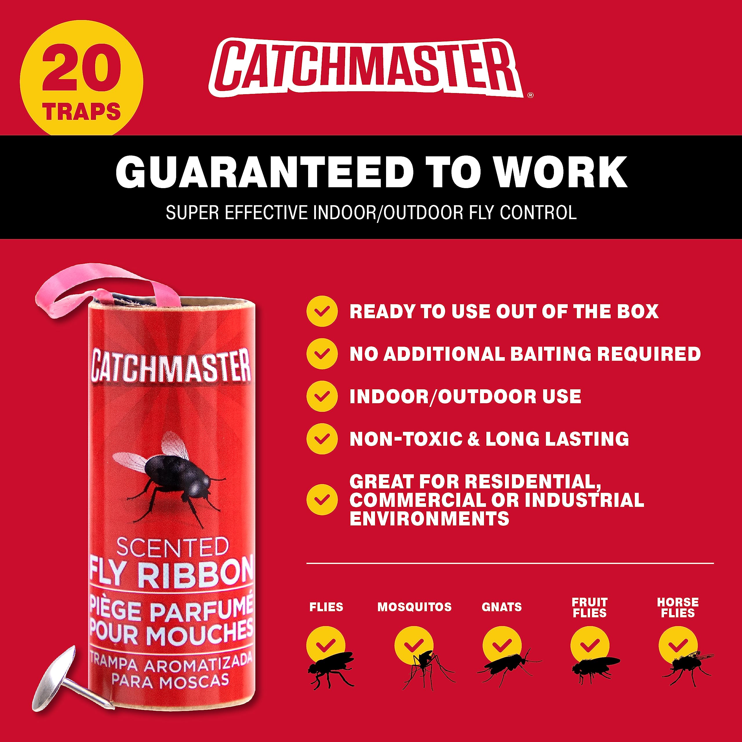 Catchmaster Fly Trap Bundle, Window Fly Traps 12-Pack & Fly Ribbon 20-Pack, Bug & Fly Traps for Indoors and Outdoors, for Garage, Backyard, Pool, & Patio