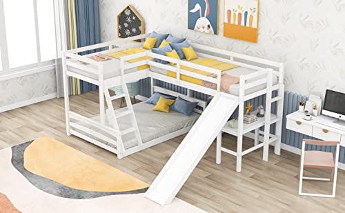 GINGVAT L Shaped Bunk Beds for 3, Wooden Triple Bunk Bed with Slide and Desk, Twin Over Full Bunk Bed & Twin Size Loft Bed with Desk for Kids Teens,No Spring Box Needed,White
