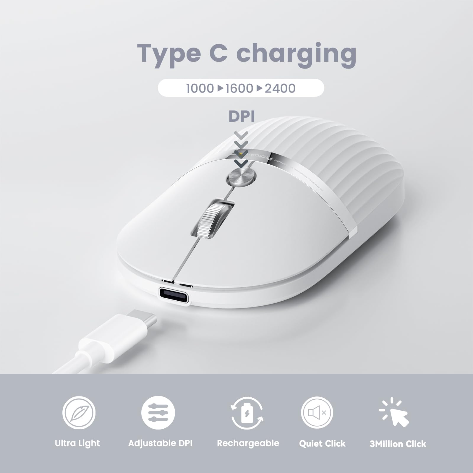 ProtoArc USB C Wireless Bluetooth Mouse, Multi-Device HubMouse with Type C Hub Portable Silent Rechargeable Computer Laptop Mouse for ipad, PC, Tablet, MacBook, Surface Pro-Silver
