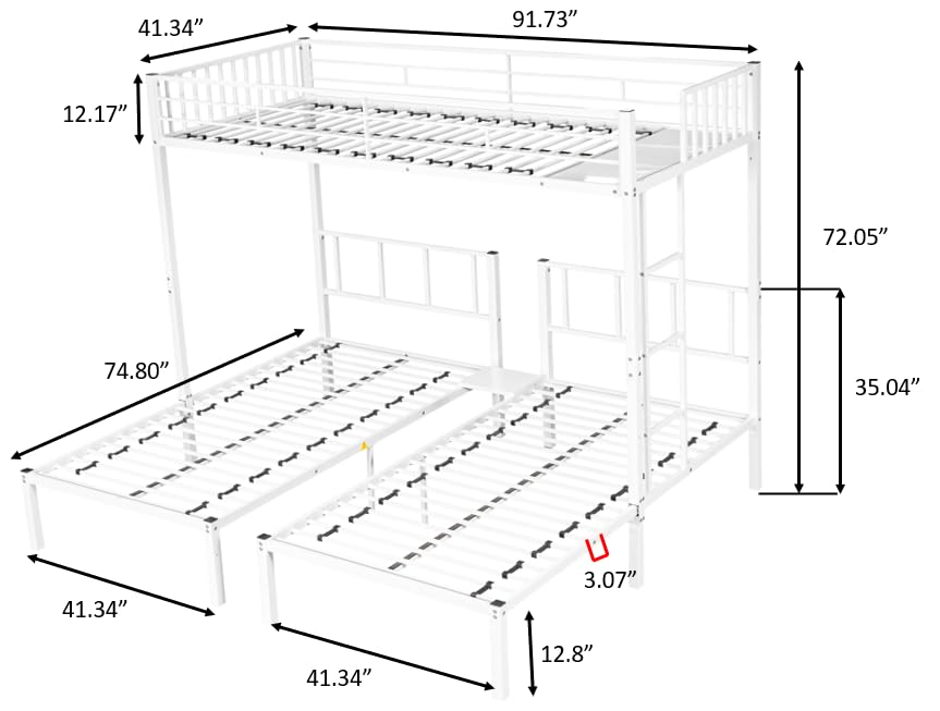 DEYOBED Twin Over Twin&Twin Metal Detachable Triple Bed Bunk Bed with Headboard for 3 Kids Teens