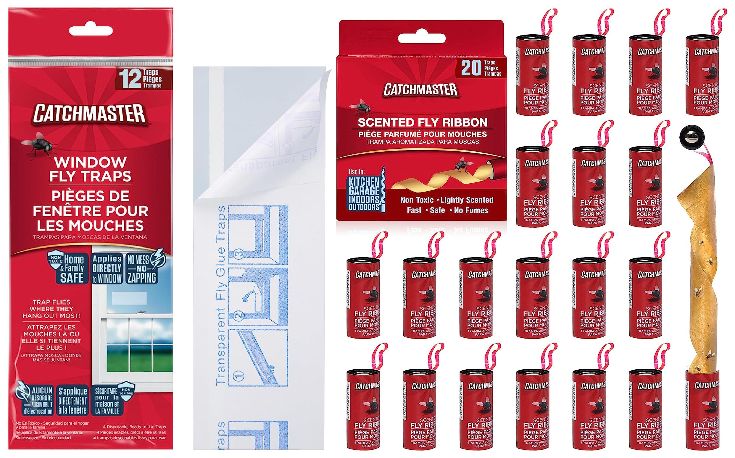 Catchmaster Fly Trap Bundle, Window Fly Traps 12-Pack & Fly Ribbon 20-Pack, Bug & Fly Traps for Indoors and Outdoors, for Garage, Backyard, Pool, & Patio