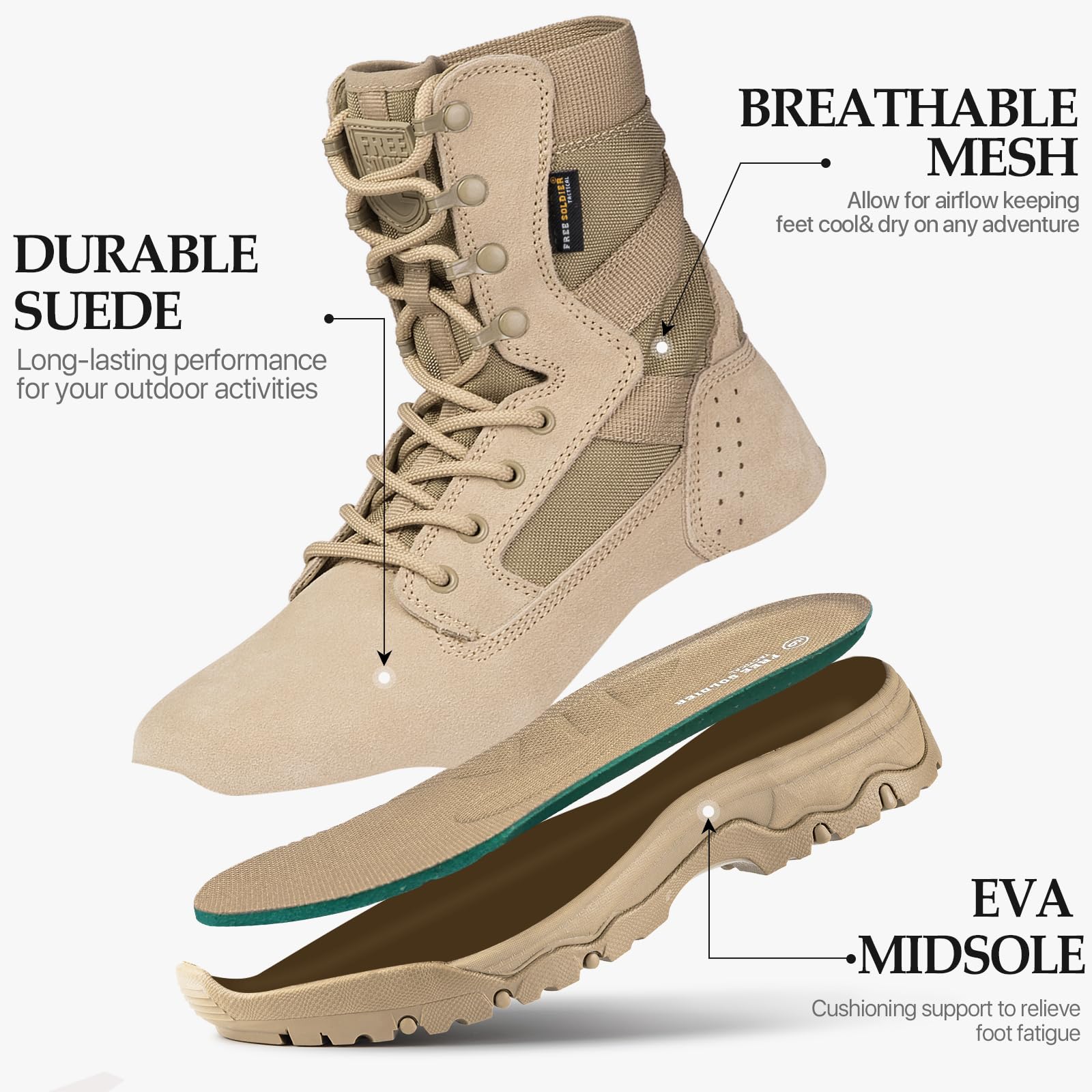 FREE SOLDIER Men's Tactical Boots 8 Inches Lightweight Combat Boot Durable Suede Leather Military Work Boots Desert Boot (Tan, 10.5)
