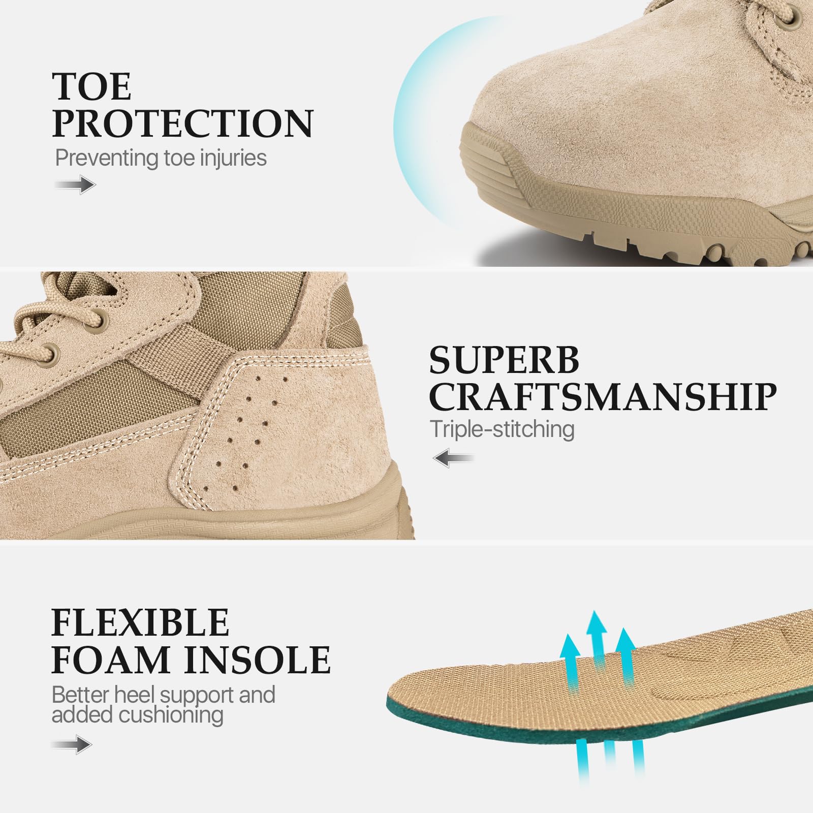 FREE SOLDIER Men's Tactical Boots 8 Inches Lightweight Combat Boot Durable Suede Leather Military Work Boots Desert Boot (Tan, 10.5)