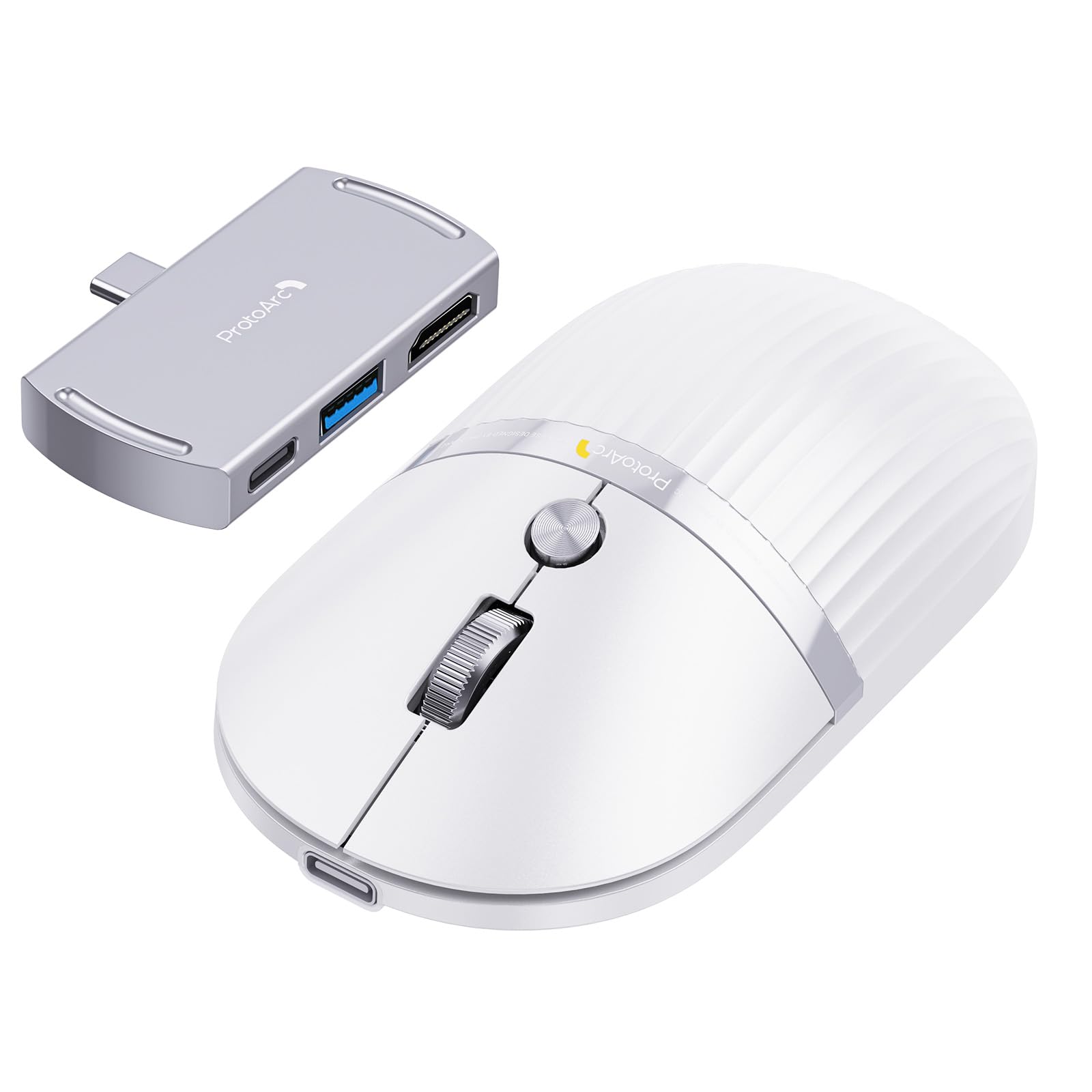 ProtoArc USB C Wireless Bluetooth Mouse, Multi-Device HubMouse with Type C Hub Portable Silent Rechargeable Computer Laptop Mouse for ipad, PC, Tablet, MacBook, Surface Pro-Silver