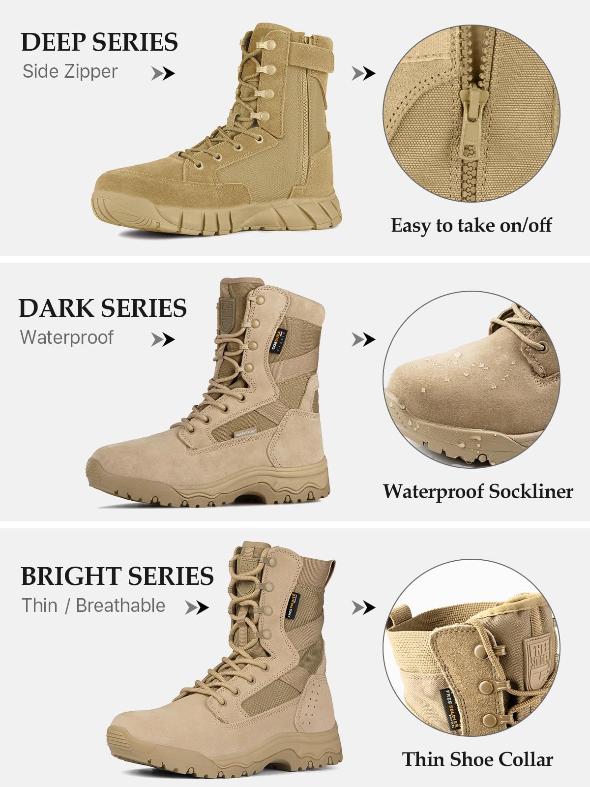 FREE SOLDIER Men's Tactical Boots 8 Inches Lightweight Combat Boot Durable Suede Leather Military Work Boots Desert Boot (Tan, 10.5)