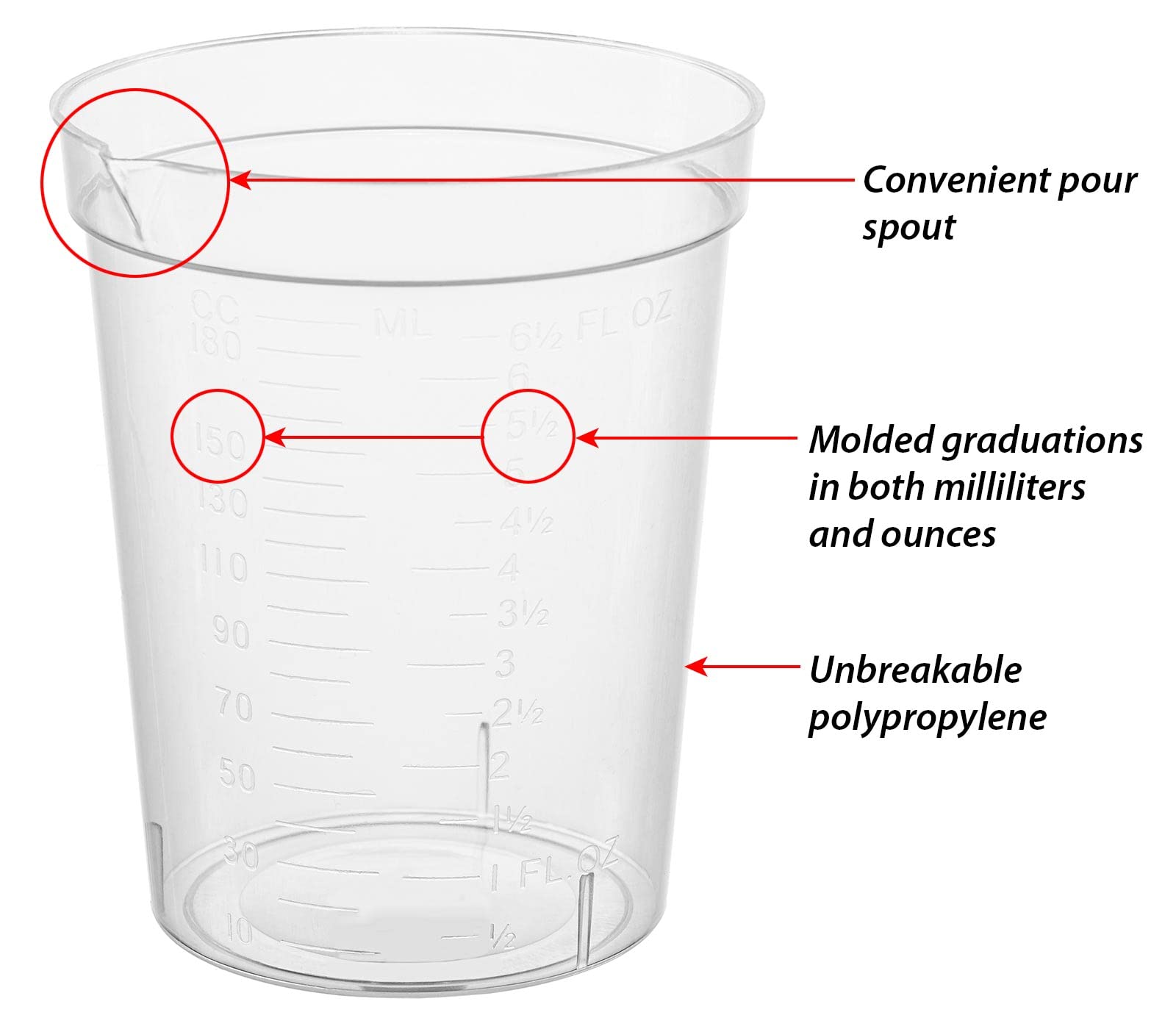 Globe Scientific 5920 Polypropylene Graduated Specimen Container Collection Cup with Pour Spout, 6.5 oz Capacity (Case of 500)