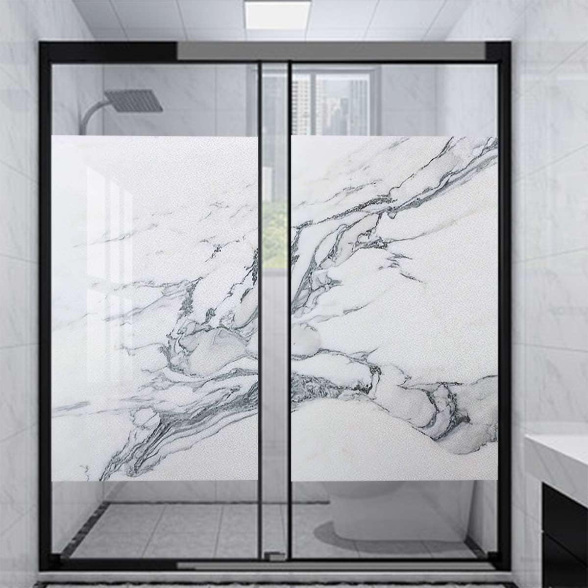 White Blue Window Film Privacy Window Film,Kitchen Decoration for Bathroom Kids Room Sliding Door, Antique Marble Textured Frosted Glass Film 23.6Wx35.4L-inch x2 Pcs