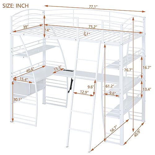 ALYSAHOME Twin Size Loft Bed with 4 Layers of Shelves and L-Shaped Desk, Stylish Metal Frame Bed with a Set of Sockets, USB Ports and and Wireless Charging, White