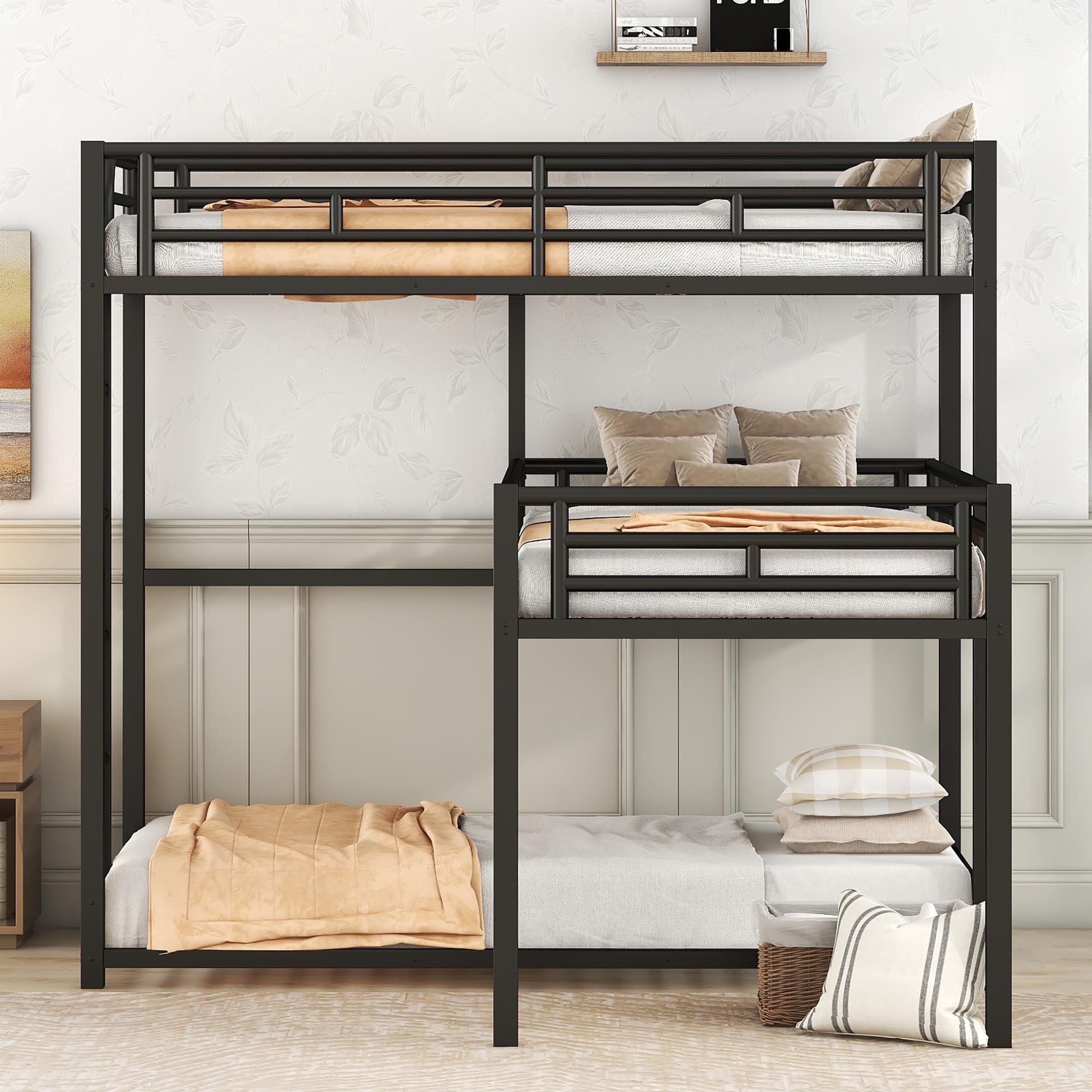 BIADNBZ Twin Size Triple Bunk Bed, Metal L-Shaped Bedframe, for Kids Teens Adults Bedroom, Space Saving, Black