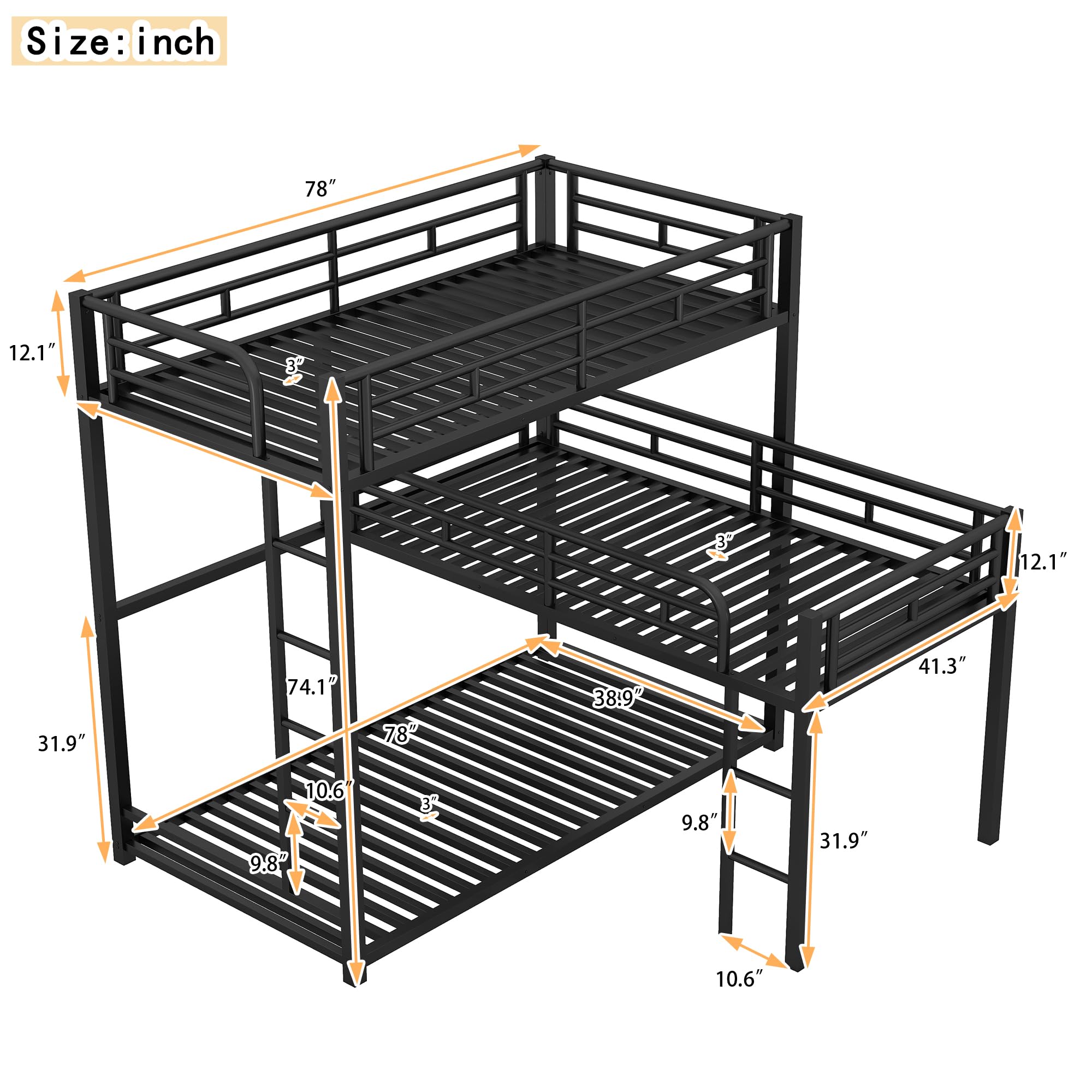 BIADNBZ Twin Size Triple Bunk Bed, Metal L-Shaped Bedframe, for Kids Teens Adults Bedroom, Space Saving, Black